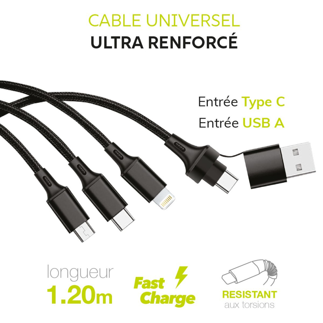 Câble 3 en 1en nylon tressé avec entrée Type-C / USB-A et sortie ...