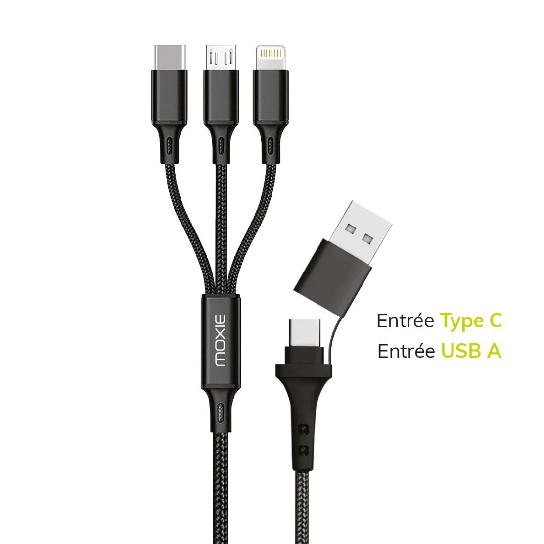 Câble 3 en 1en nylon tressé avec entrée Type-C / USB-A et sortie Lightning / Micro-USB / USB ...